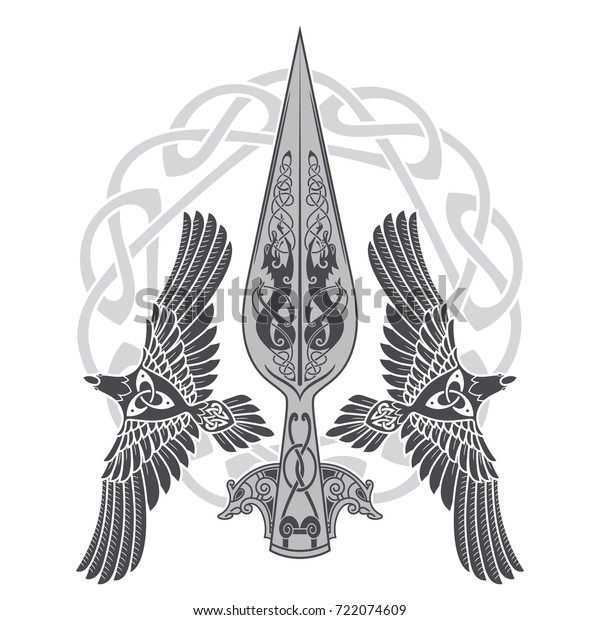 Spear God Odin Gungnir Two Ravens Stock Vector (Royalty Free) 722074609