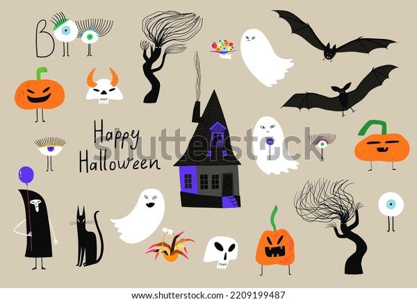 Spooky Cartoon Set Halloween Illustrations Ghost Stock Vector (Royalty ...
