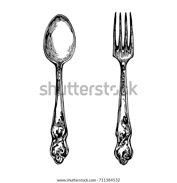 Spoon Fork Engraving Ink Hand Drawn Stock Vector (Royalty Free ...