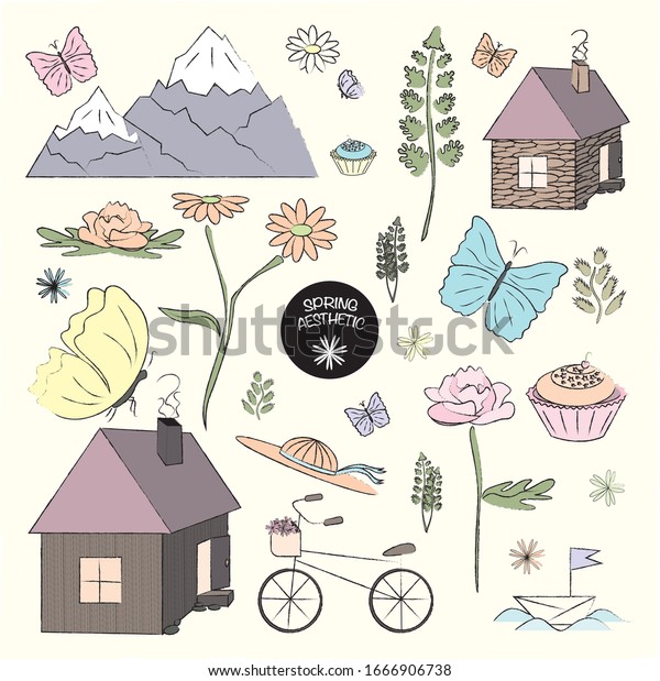 Spring Aesthetic Drawing Little Set Stock Vector (Royalty Free ...