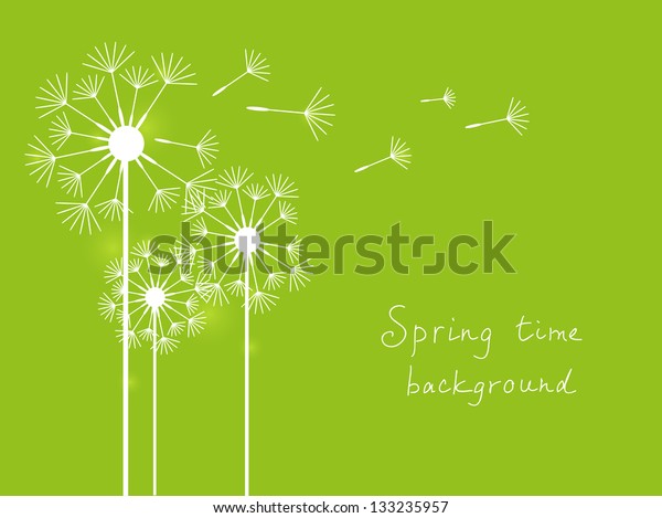Spring background with dandelions on green
