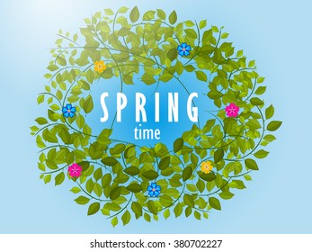 Spring Blue Background Green Leaves Flowers Stock Vector (Royalty Free ...