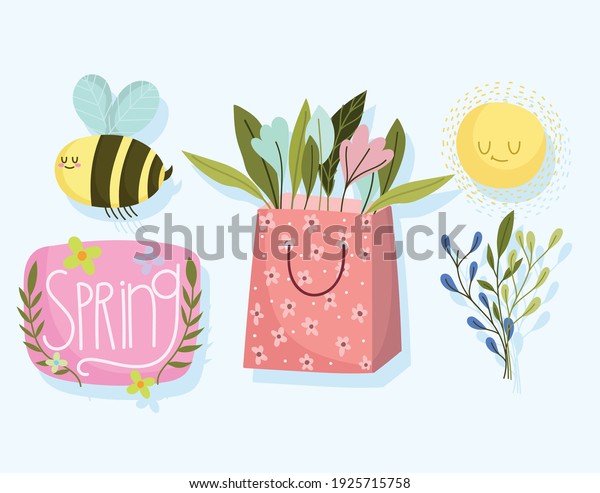 Spring Cartoon Bee Flowers Bag Sun Stock Vector (Royalty Free ...