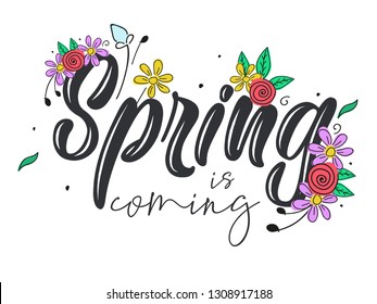 Spring Coming Poster Design Colorful Doodle Stock Vector (Royalty Free ...