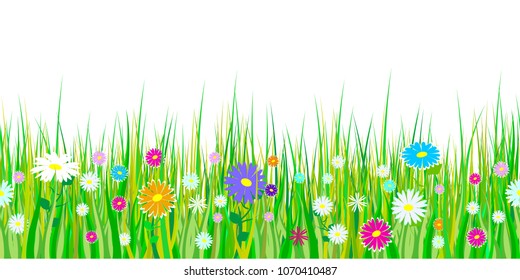 Spring Grass Flowers Borders Seamless Pattern Stock Vector (Royalty ...