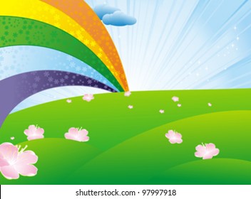 Spring Green Meadow Rainbow After Rain: vector de stock (libre de ...