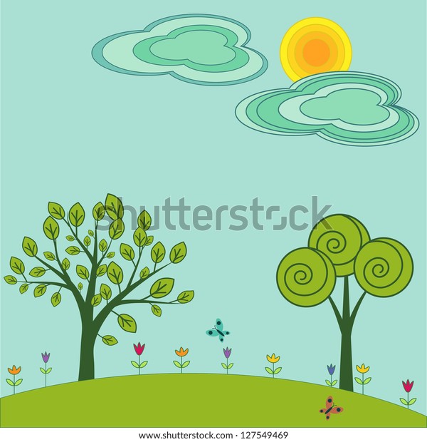 Spring Landscape Illustration Cartoon Style Stock Vector (Royalty Free ...