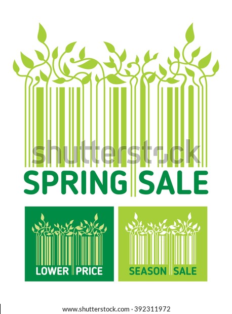 Spring sale barcode with seeding plant and leaves. Set of vector ...