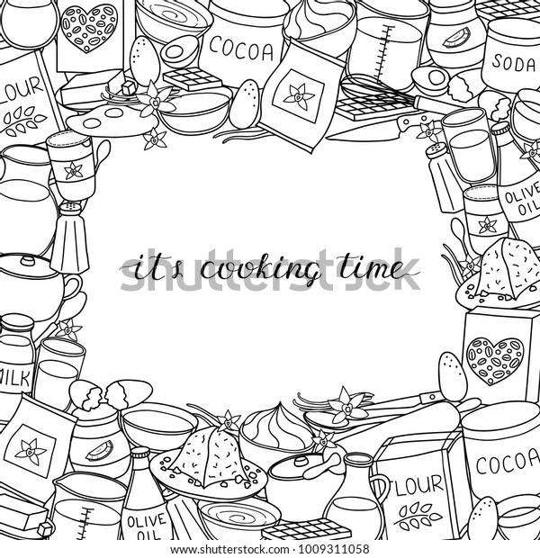 Square Background Hand Drawn Uncolored Cooking Stock Vector (Royalty ...