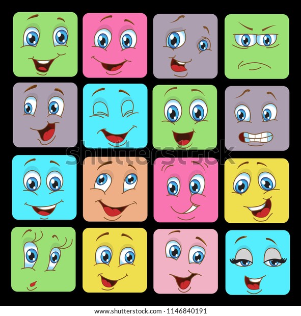 Square Colorful Emoticons Face Expressions Set Stock Vector (Royalty ...