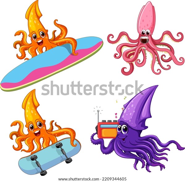 Squid Cartoon Characters Set Illustration Stock Vector (Royalty Free ...