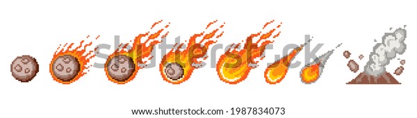 Etapas del juego de meteoritos de píxeles en llamas y en caída. El ...