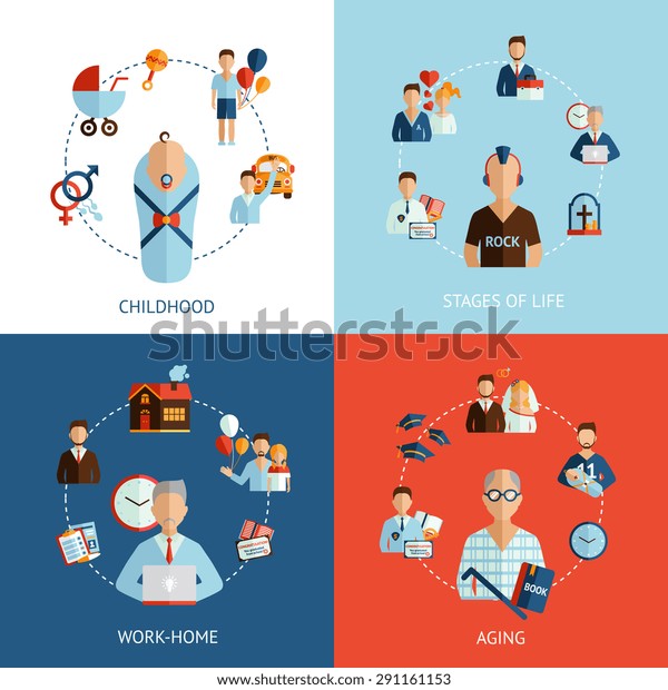 Stages of life design concept set with childhood and aging flat icons ...