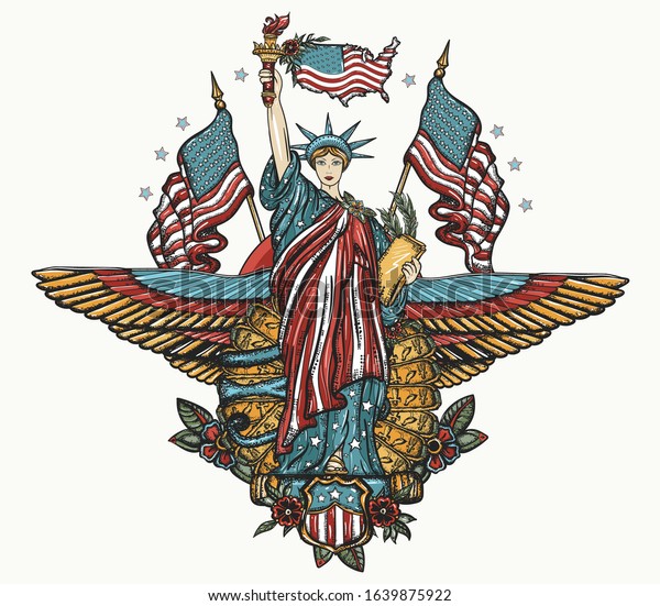 Statue Liberty Eagle Wings Flag Map Stock Vector (Royalty Free) 1639875922
