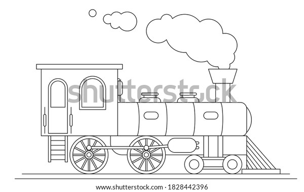 Steam train side view outline isolated on white background. Coloring ...