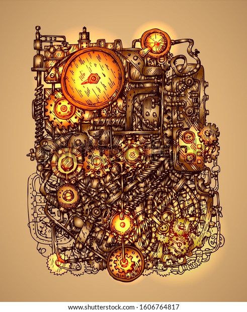 Steampunk Mechanism Print Hand Drawn Vector Stock Vector (Royalty Free ...