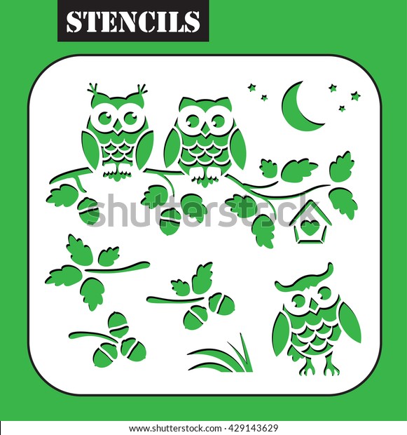 Stencil. Lechuzas sentadas en la rama: vector de stock (libre de ...