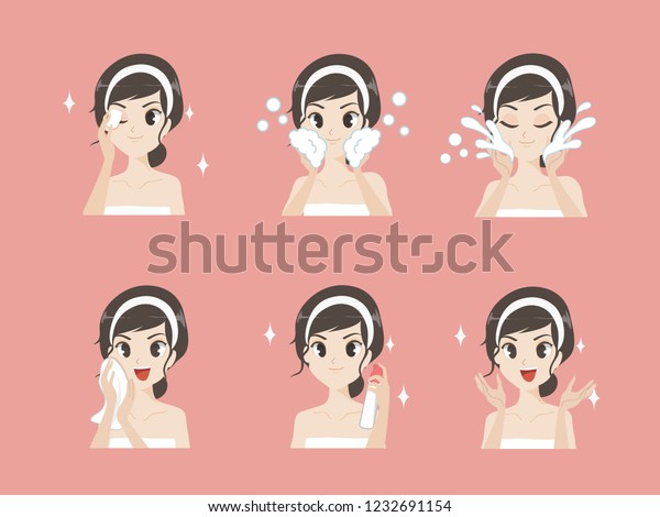 Step Facial Cleansing Remove Cosmetics Treatment Stock Vector (Royalty ...