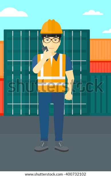 Stevedore Standing On Cargo Containers Background Stock Vector (Royalty ...