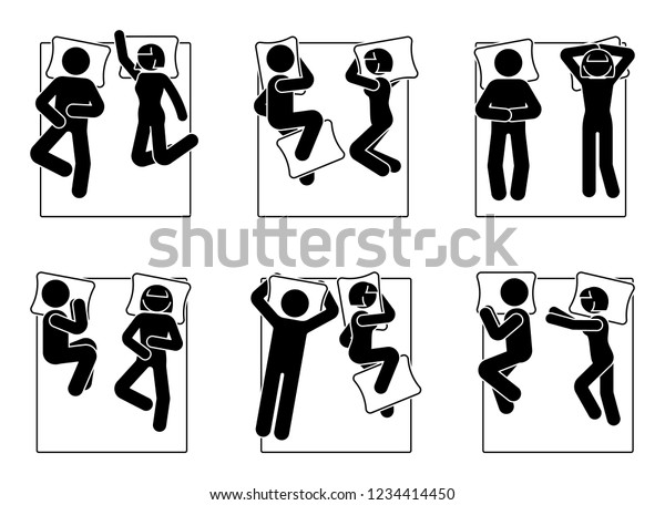 Stick figure different sleeping positions set. Man and woman laying in ...