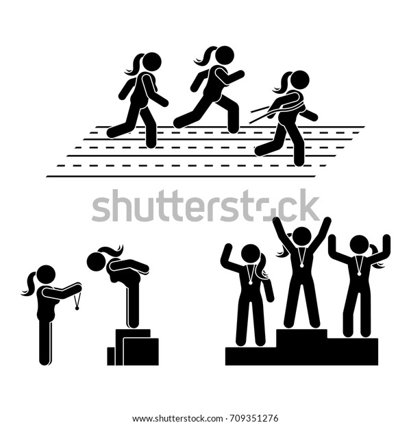 Stick figure gold, silver, bronze medal receiving award vector icon ...
