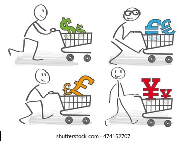 Stick Figure Pushing Shopping Carts Various Stock-vektor (royaltyfri ...