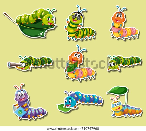 Sticker Set Different Color Caterpillars Illustration Stock Vector ...