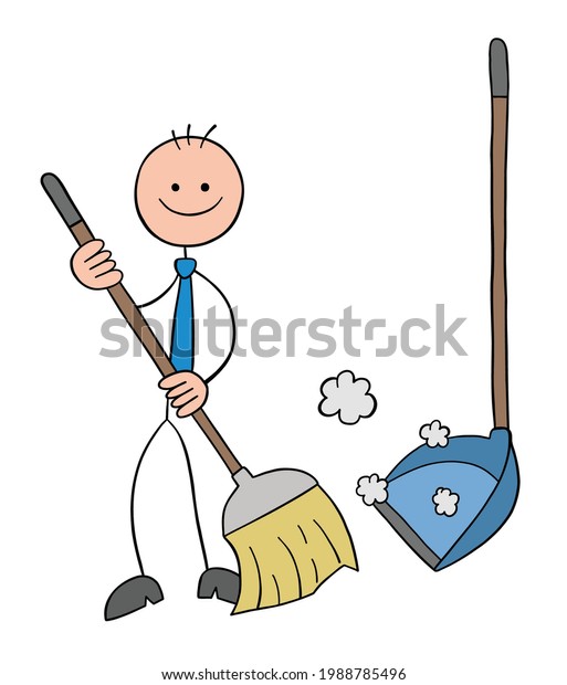 Stickman Businessman Character Broom Dustpan Sweeping Stock Vector