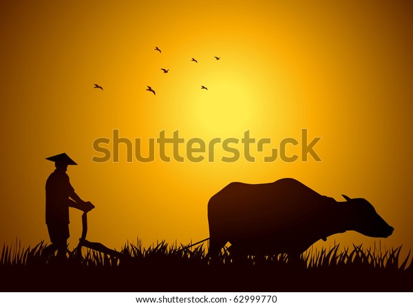 Stock Illustration Farmer Plowing Fields Stock Vector (Royalty Free ...