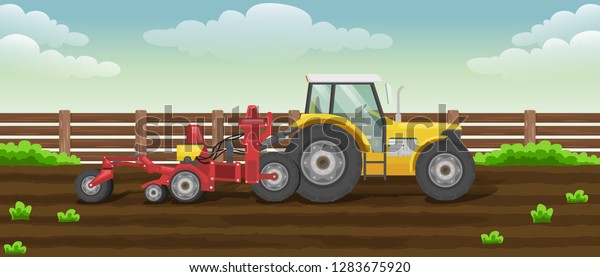 Stock Vector Tractor Plowing Field Cartoon Stock Vector (Royalty Free ...