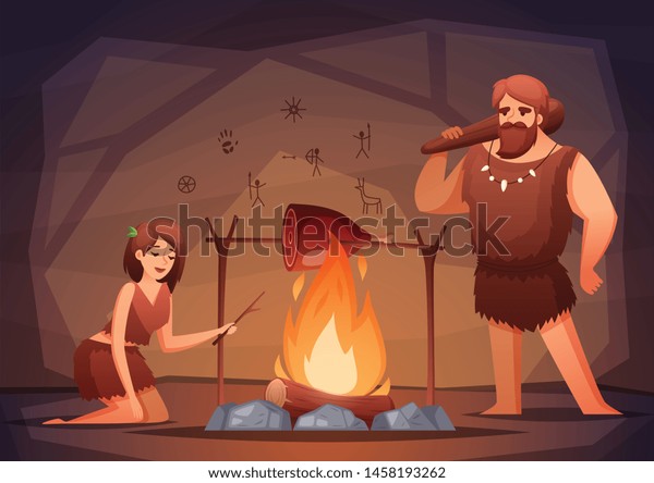 Stone Age Prehistoric Home Interior Flat Stock Vector (Royalty Free ...