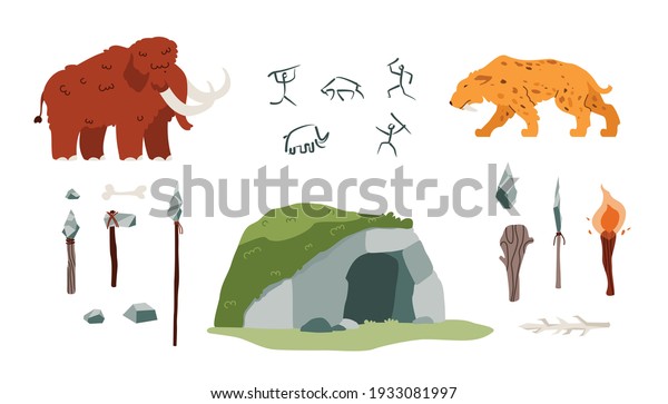 Stone Age Set Isolated Icons Primitive Stock Vector (Royalty Free ...