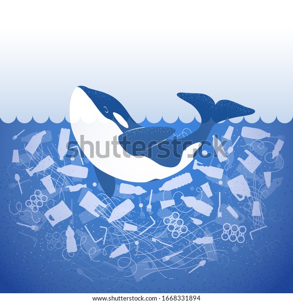 Stop ocean plastic pollution. Ecological poster orca in water with ...
