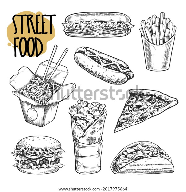Street Food Retro Illustrations Vector Set Stock Vector (Royalty Free ...