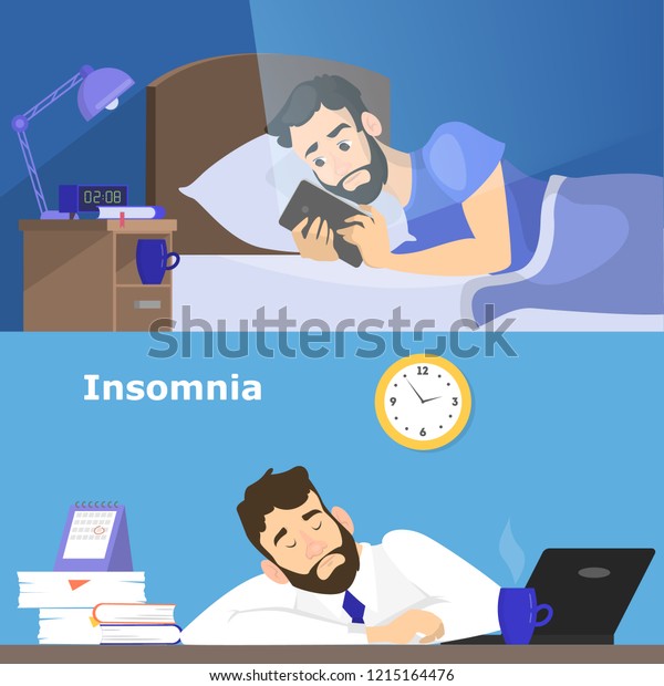 Stressed Man Suffering Insomnia Set Guy Stock Vector (Royalty Free ...