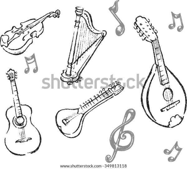 String Instrument Set-Grunge stylized outline of musical instruments