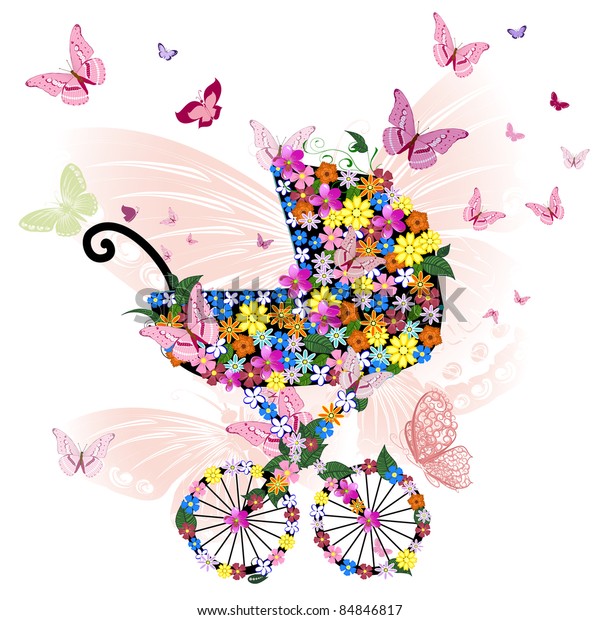 Stroller Flowers Butterflies Stock Vector (Royalty Free) 84846817 ...