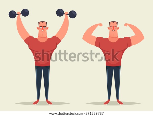Strong Cartoon Man Exercising Dumbbells Showing Stock Vector (Royalty ...