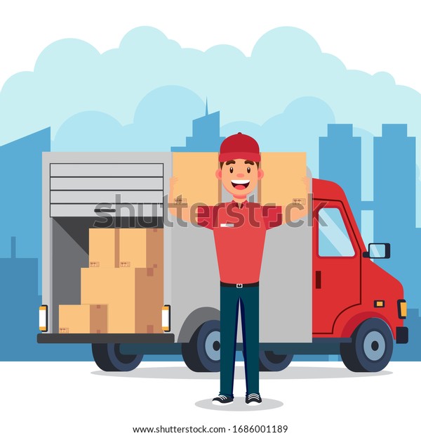 Strong Delivery Man Carton Box Truck Stock Vector (Royalty Free) 1686001189