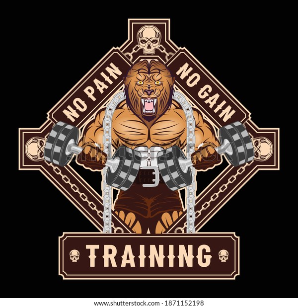 Strong Lion Bodybuilder Predator Holding Dumbbells Stock Vector ...