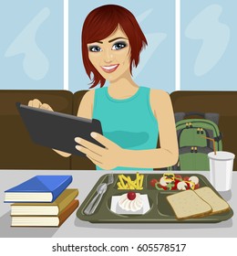 Student Girl Using Computer Tablet Sitting Stock Vector (Royalty Free ...