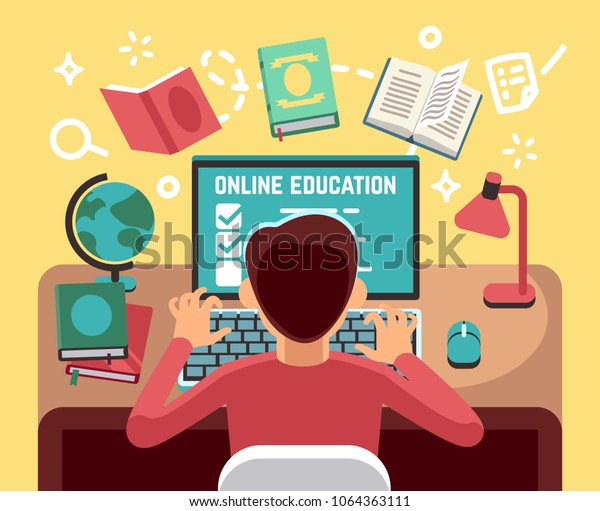 Student School Boy Studying On Computer Stock Vector (Royalty Free ...