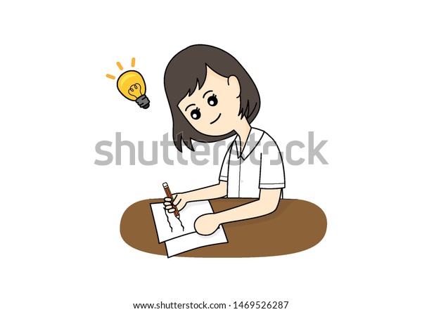 Student sitting at table and writing paper, Girl student makes a ...