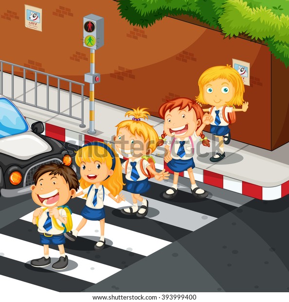 Students Crossing Road Illustration Stock Vector (Royalty Free) 393999400