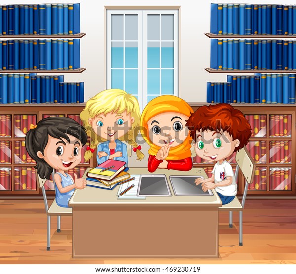 Students Reading Books Library Illustration: เวกเตอร์สต็อก (ปลอดค่า ...