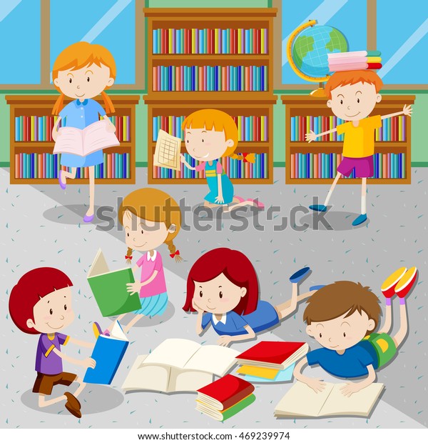 Students Reading Books Library Illustration 스톡 벡터(로열티 프리) 469239974