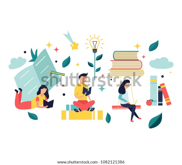 Studying Concept Bright Characters Elements Education Stock Vector ...