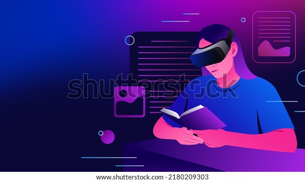 Studying Metaverse Girl Reading Virtual Reality Stock Vector (Royalty ...