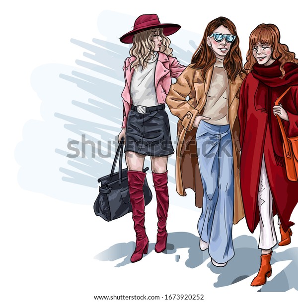Stylish Female Characters Walking Together Close Stock Vector (Royalty ...