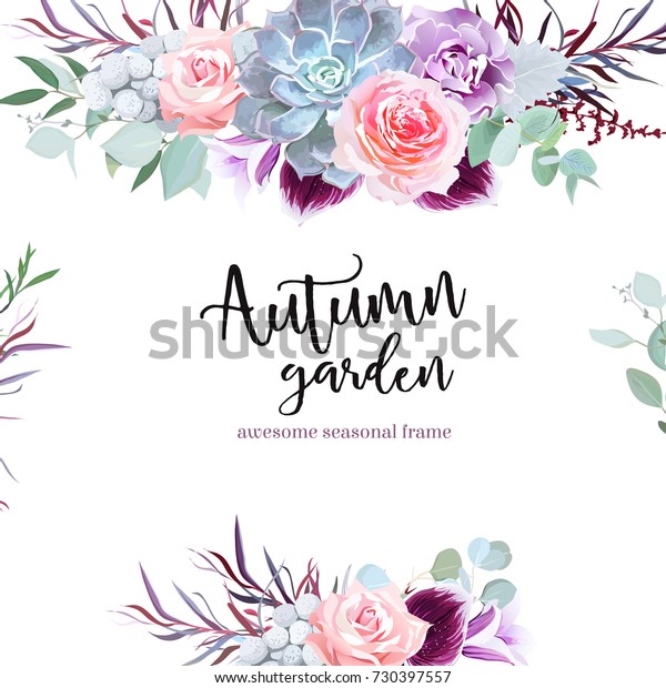 Stylish plum colored and pink flowers vector design card. Rose, purple ...